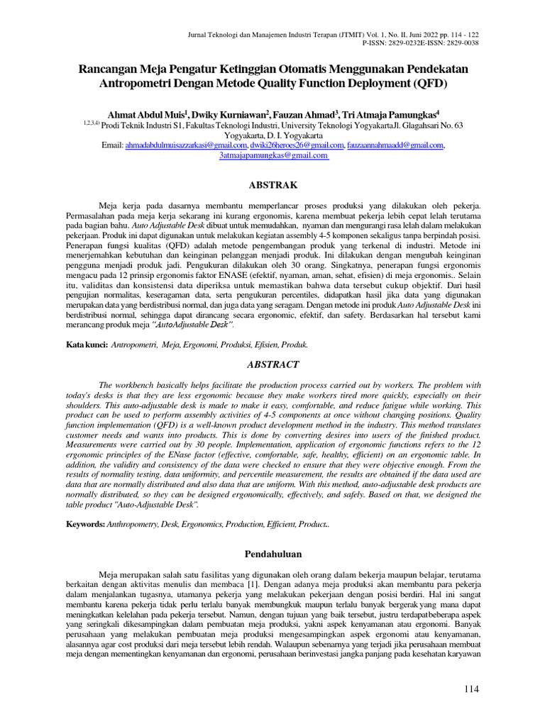 Jurnal Ergonomi Rancangan Meja Pengatur Ketinggian Otomatis Menggunakan Pendekatan Antropometri ...