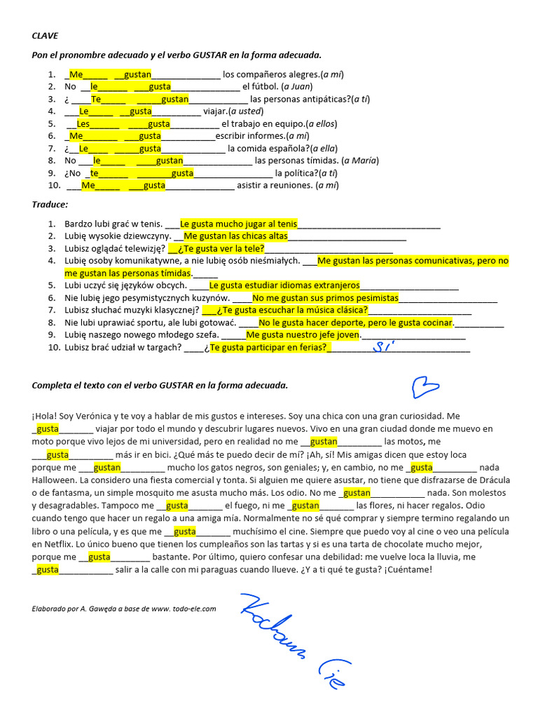 Clave - practicar el verbo GUSTAR | PDF