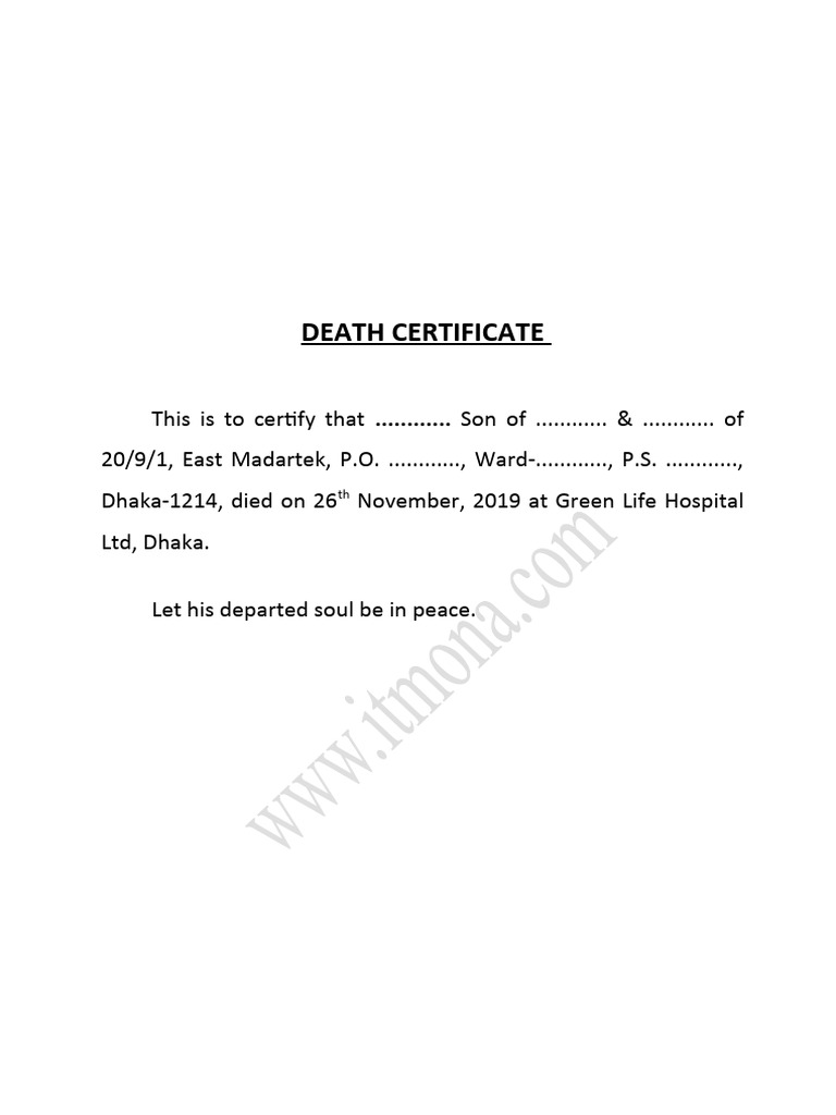 Death Certificate Format English Version Word File Download | PDF