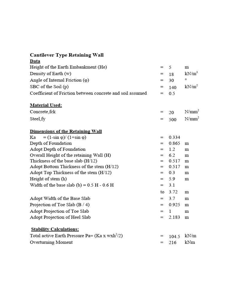 Cantilever Type Retaining Wall | PDF