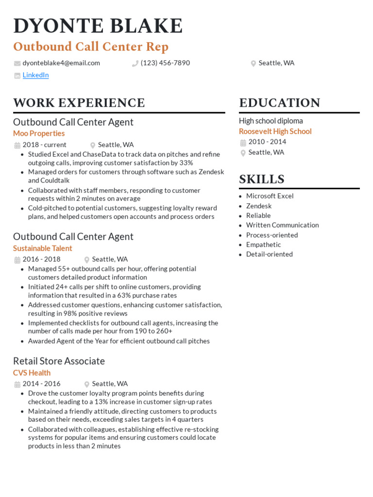 Outbound Call Center Resume Example | PDF