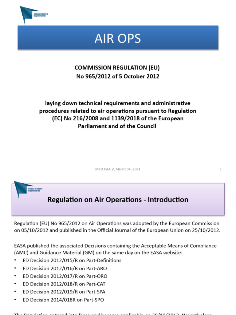 Air Ops Regulation EU 965/2012 Overview | PDF | European Union | Visual ...
