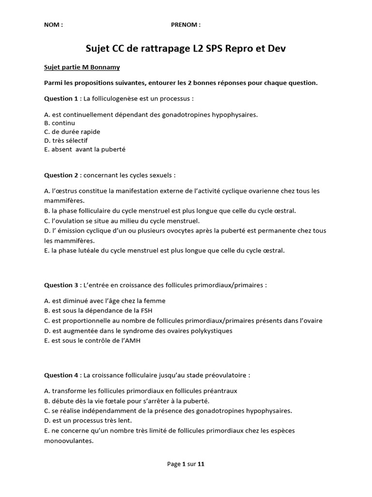 Sujet de rattrapage L2 SPS Reproduction et developpement | PDF