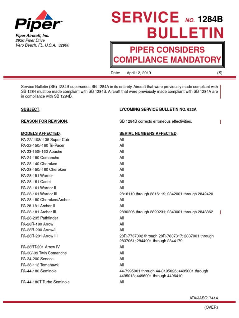 Service Bulletin: Piper Considers Compliance Mandatory | PDF | Aircraft ...