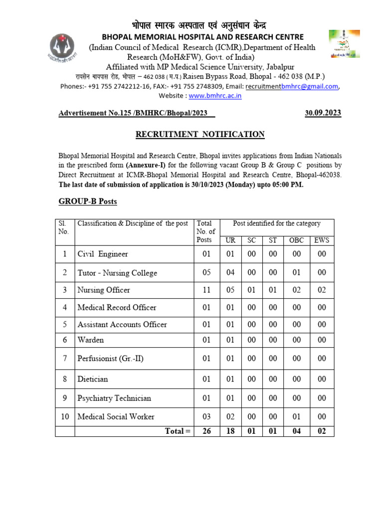 BMHRC Notification | PDF