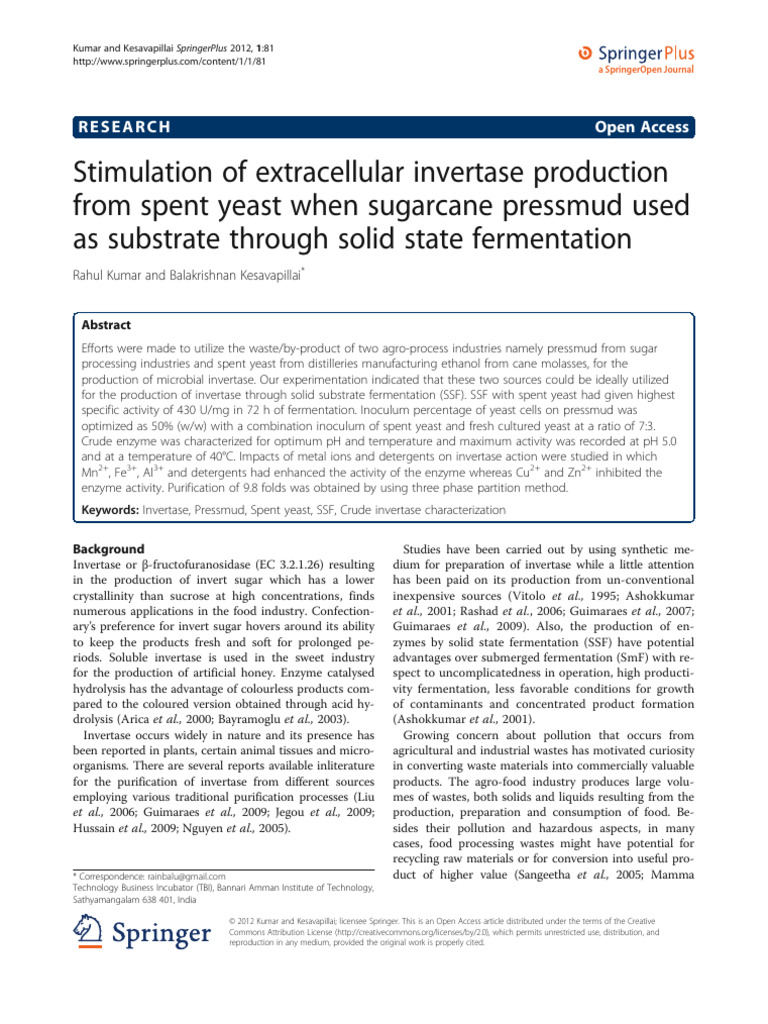 2012 - Invertase Production From Yeast and Sugarcane Pressmud Used As ...