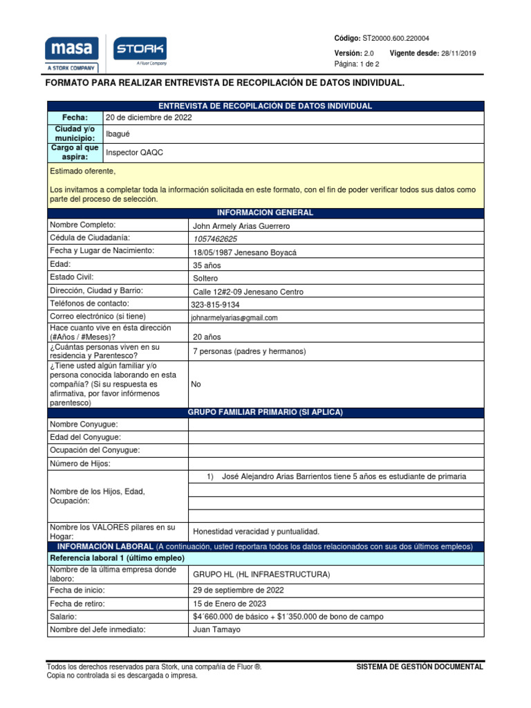 Formato para Realizar Entrevista de Recopilación de Datos Individual. | PDF