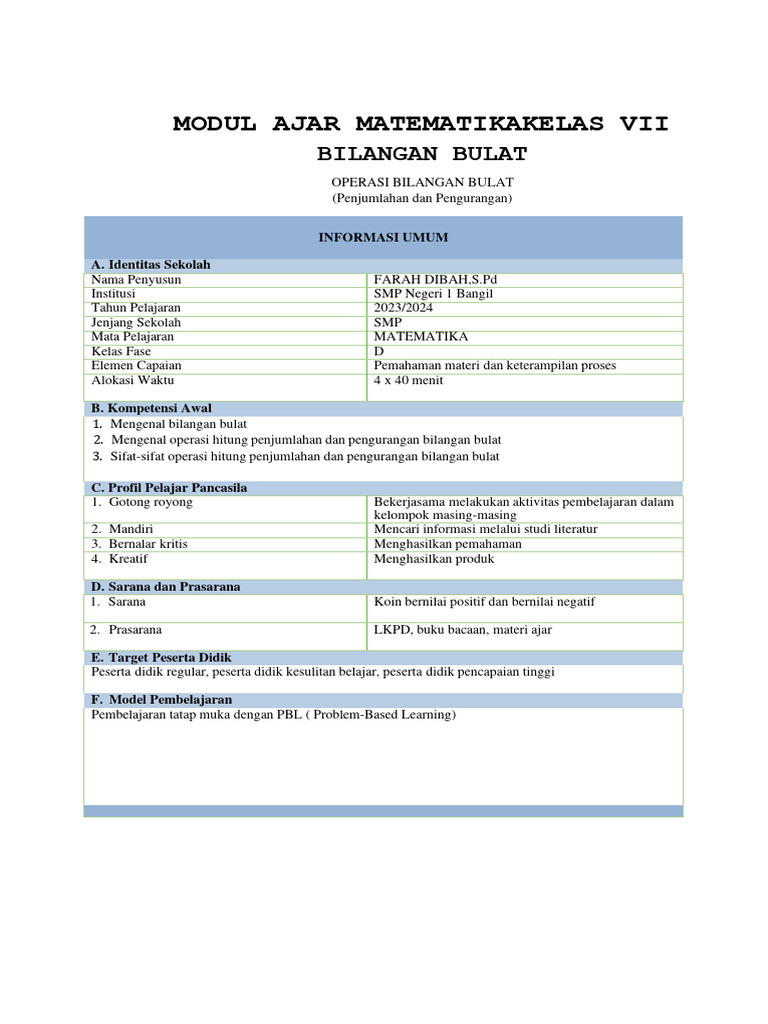 Modul Ajar Bilangan Kelas 7 SMP | PDF