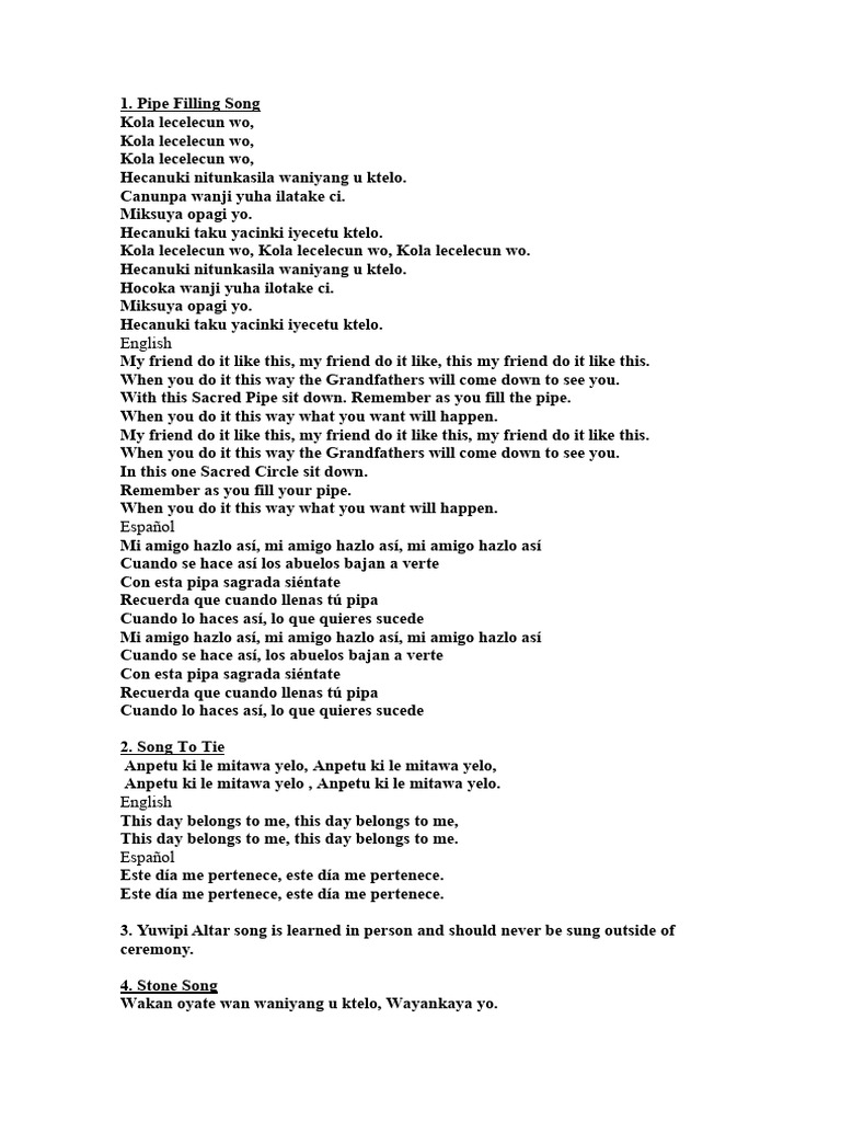 Yuwipi Canciones Lakota, Esp, Ingles. | PDF