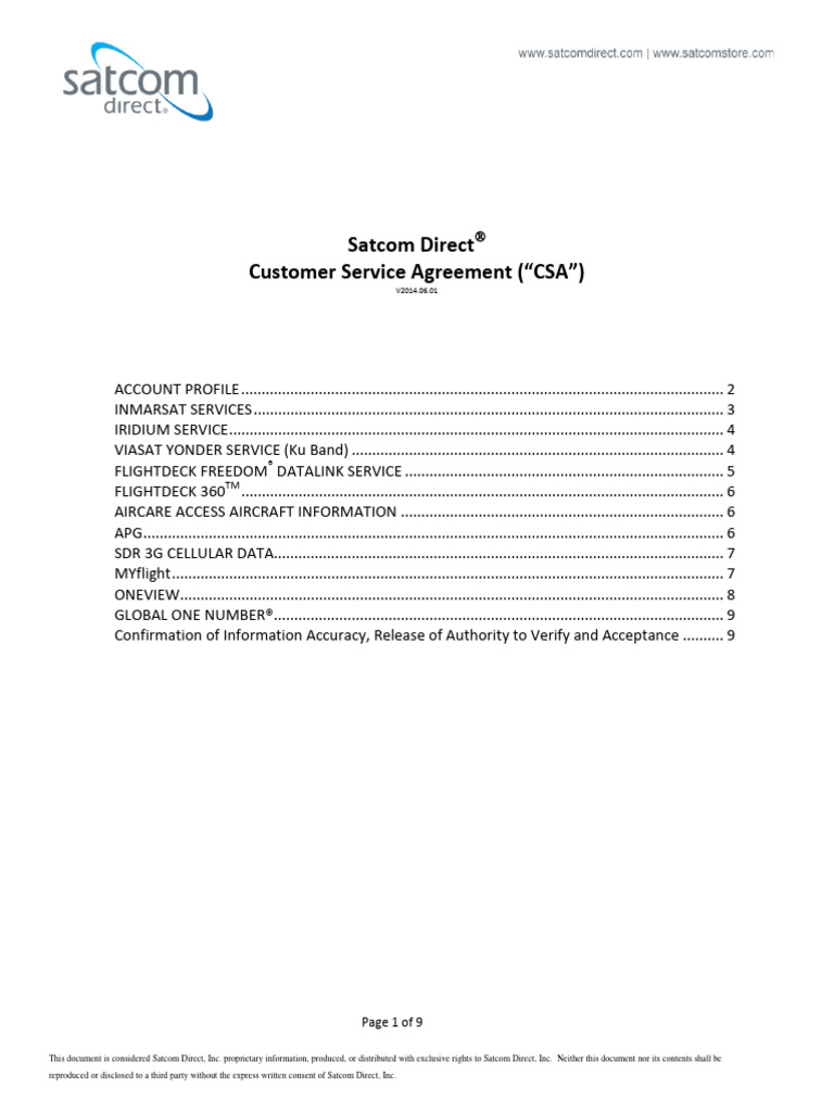 Satcom Direct Customer Service Agreement | PDF