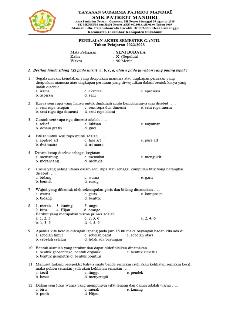 SOAL PAS Seni Budaya Semester 1 2022 | PDF