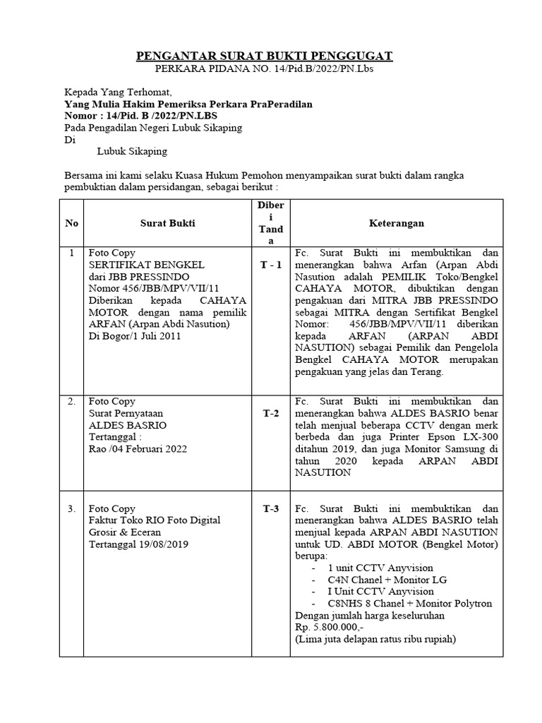 Surat Bukti Perkara Pidana 14/Pid.B/2022 | PDF