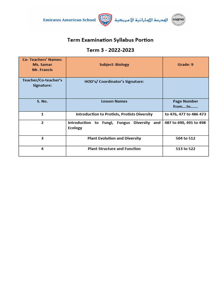 Exam Portion Format (Grade 9 Biology) | PDF