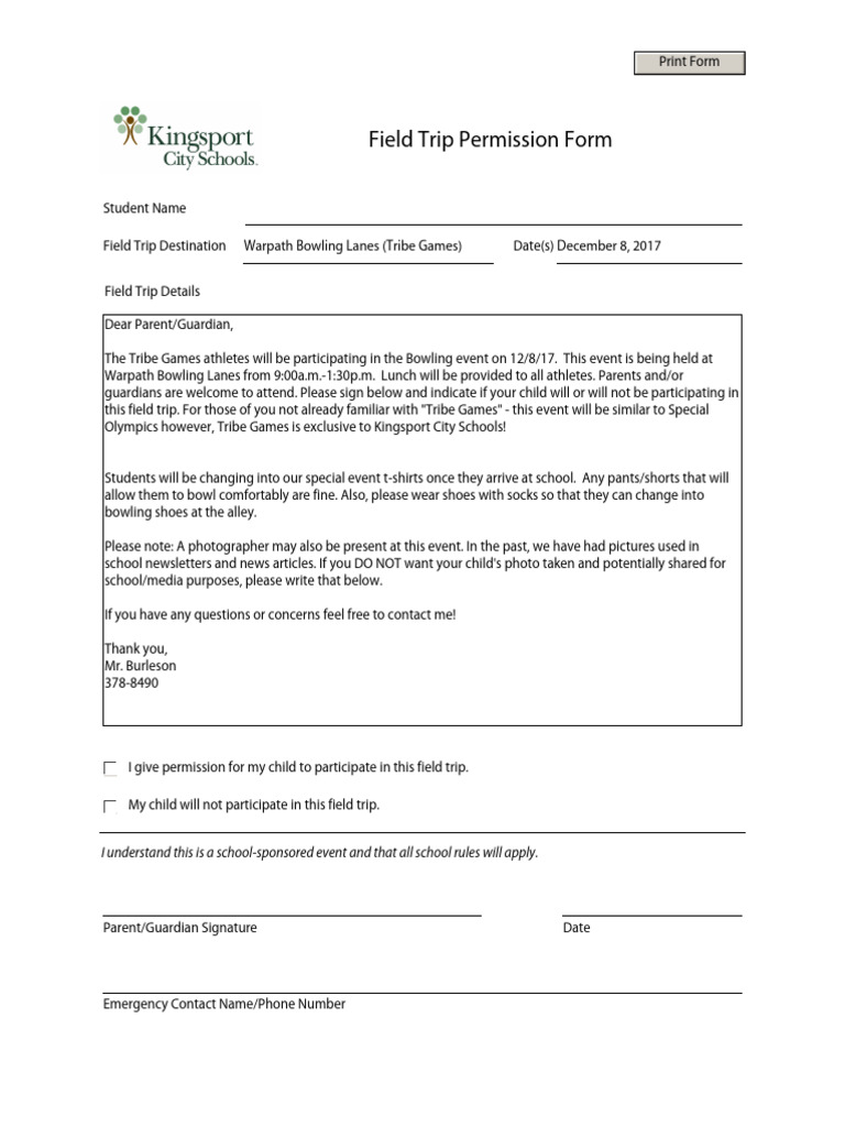Tribe Games Permission Slip (Bowling) 1718 | PDF