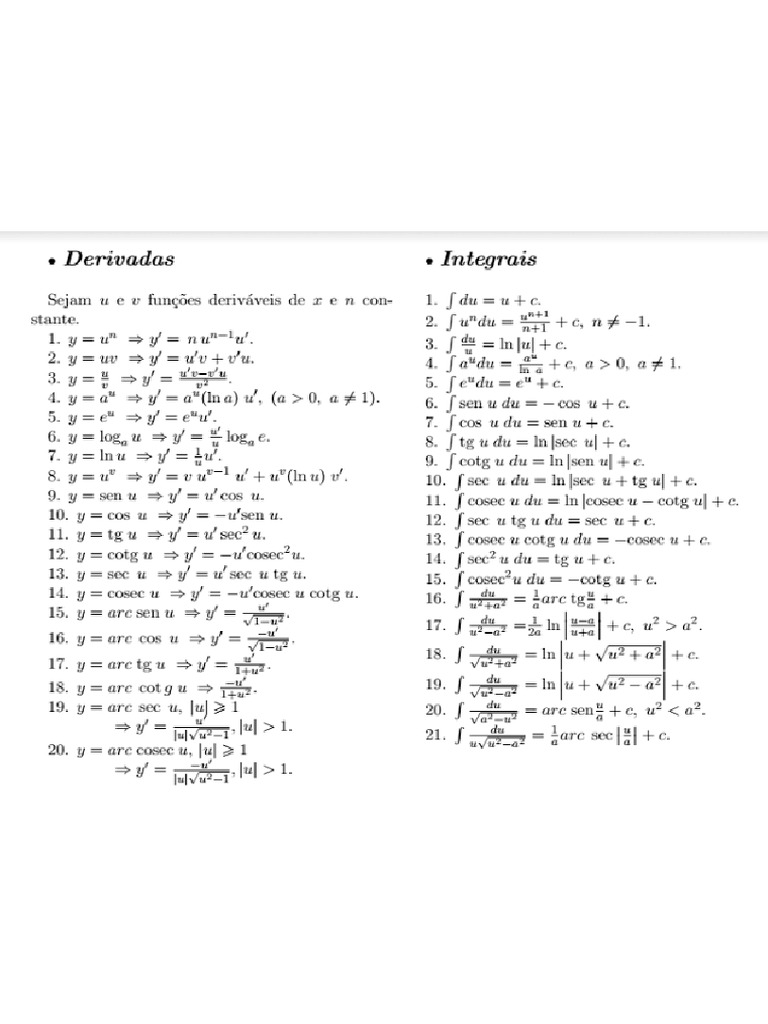 Tabela de Derivadas e Integrais | PDF