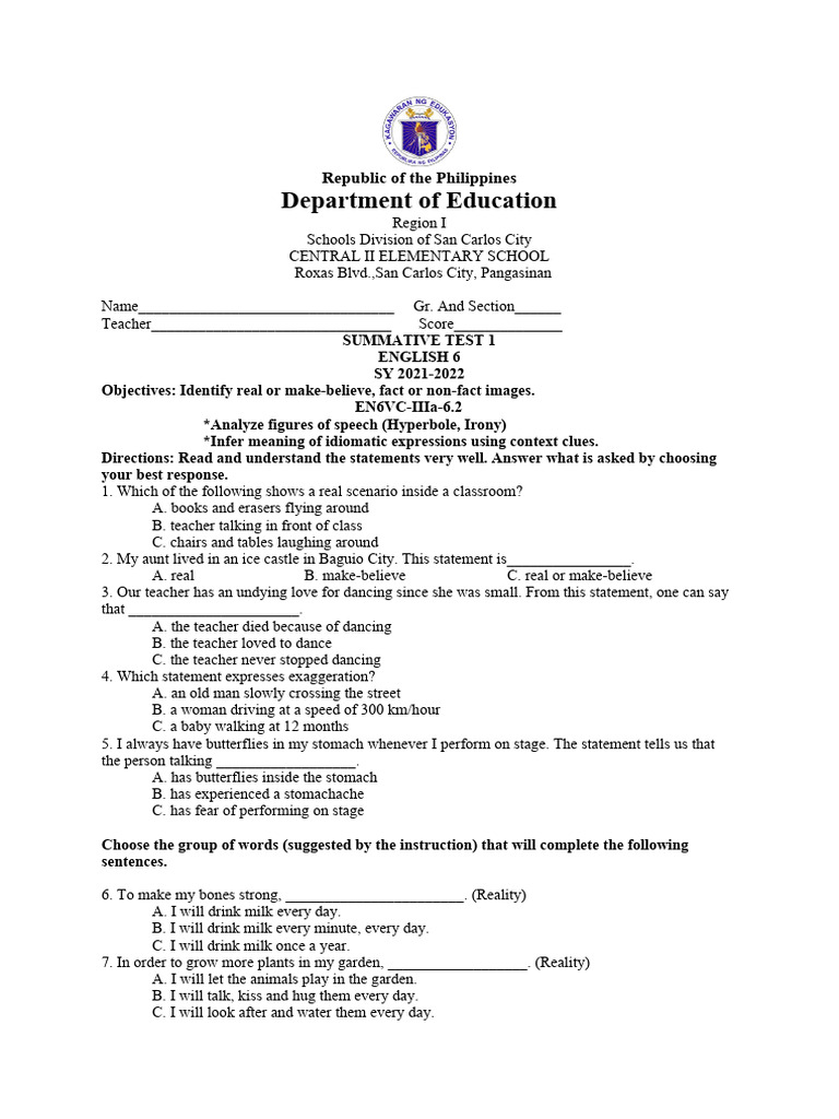 English 6 Summative Test Guide | PDF | Language Arts & Discipline