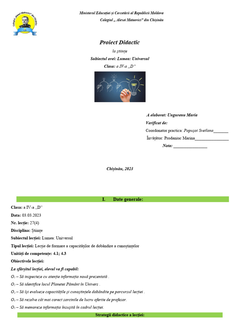 Proiect Didactic - Universul | PDF