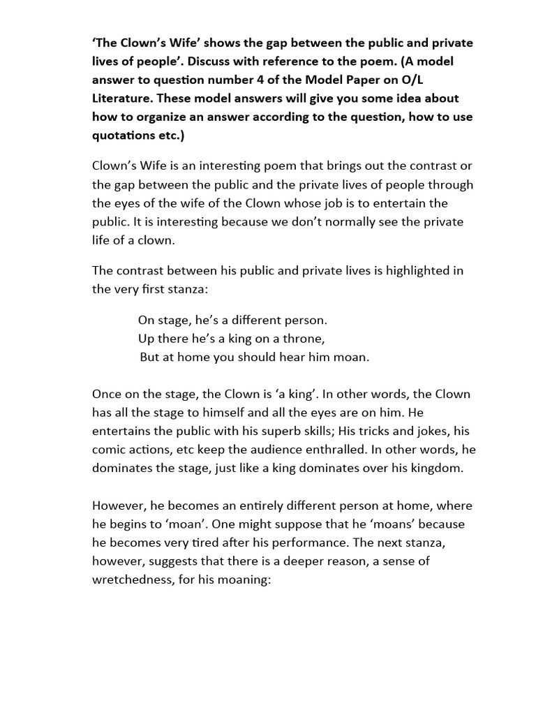 A Model Answer On The Poem The Clown's Wife | PDF