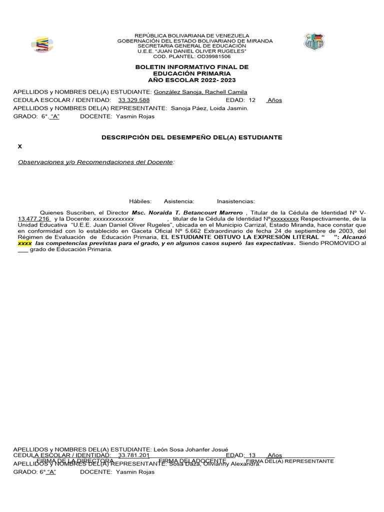 Modelo de Informe Final | Descargar gratis PDF | Educación primaria | Venezuela