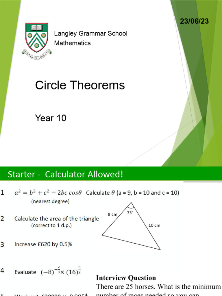 Y11 Circle Theorems Summary Lesson | PDF