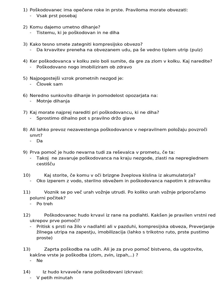 Prva Pomoc 01 Vprasanja | PDF