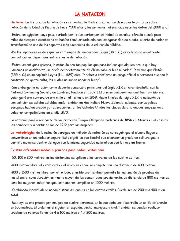 Resumen de la Historia de la Natación | PDF | Natación (deporte) | Nadando