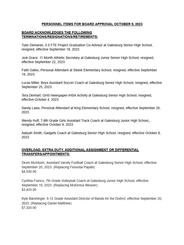 District 205 Oct. 9, 2023, Personnel Agenda | PDF