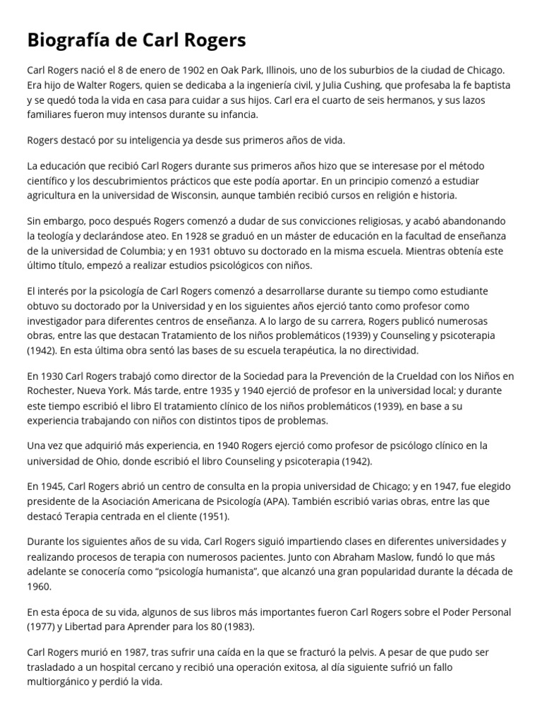 Biografía de Carl Rogers: Psicología Humanista | PDF | Psicoterapia ...