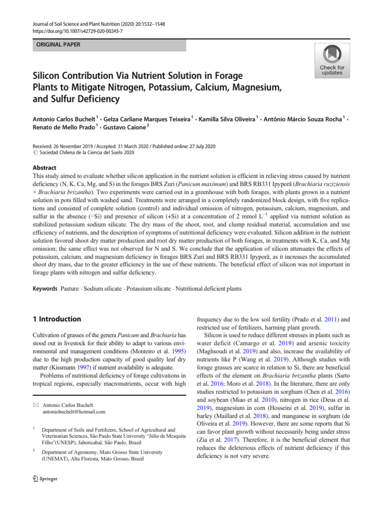 Silicon Contribution Via Nutrient Soluti | PDF | Plant Nutrition ...