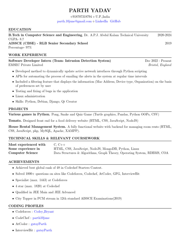 Parth Yadav Resume PDF | PDF