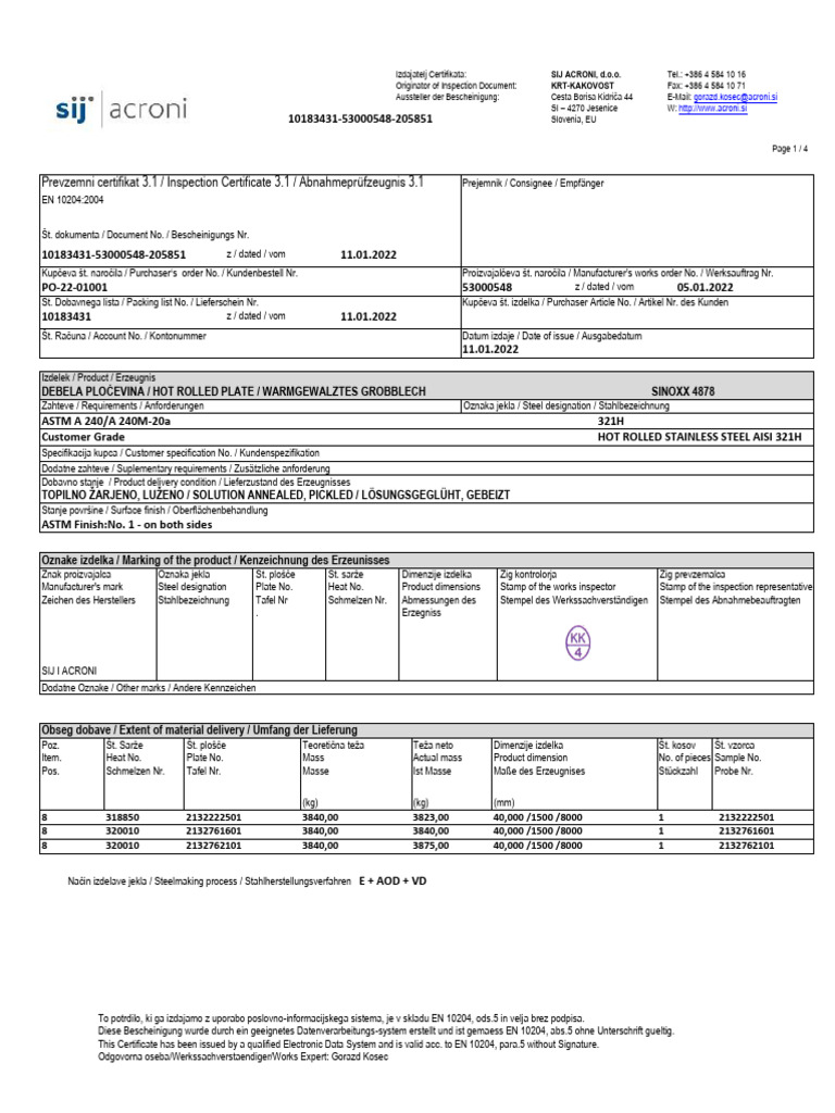 321H No.1 Plate 40x1500x1500 - Acroni, Slovenia | PDF