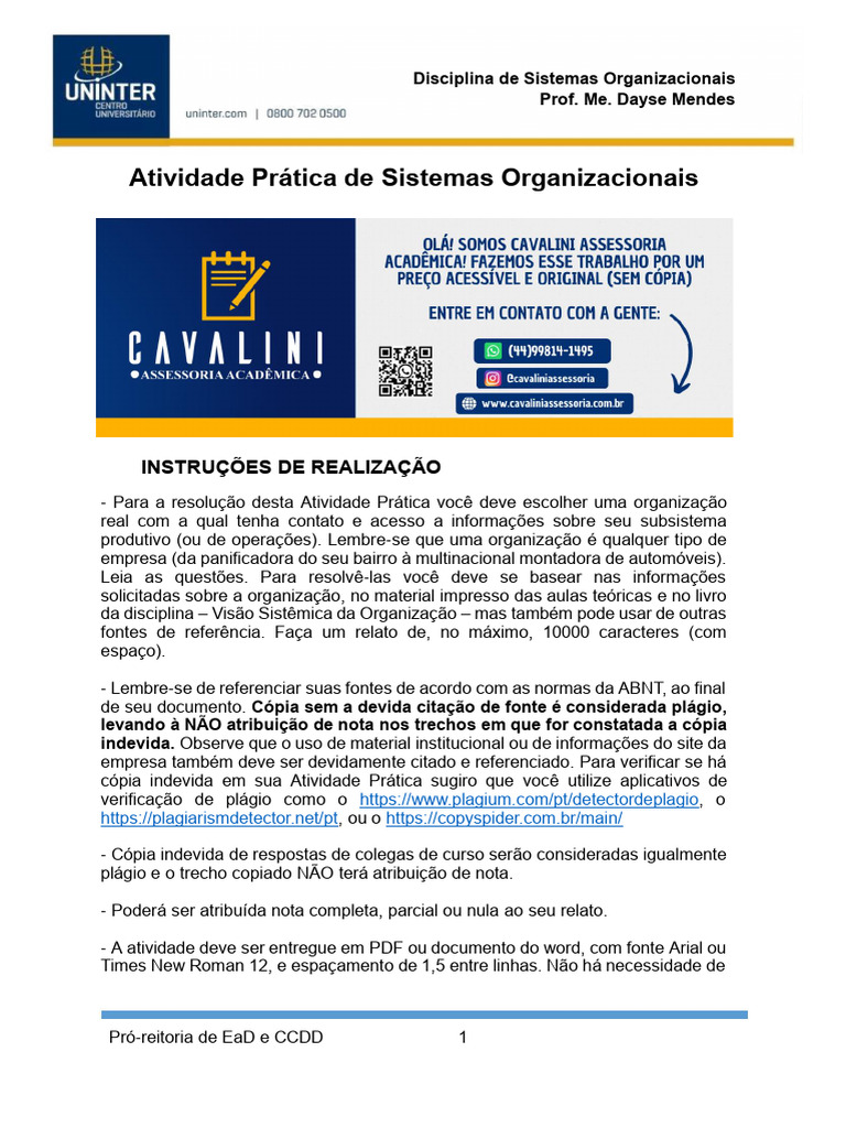 Atividade Prática de Sistemas Organizacionais - Uninter | PDF