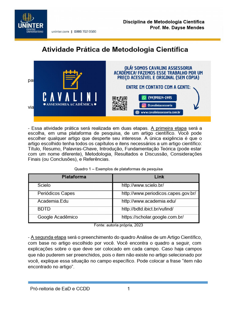 Atividade Prática de Metodologia Científica - Uninter | PDF