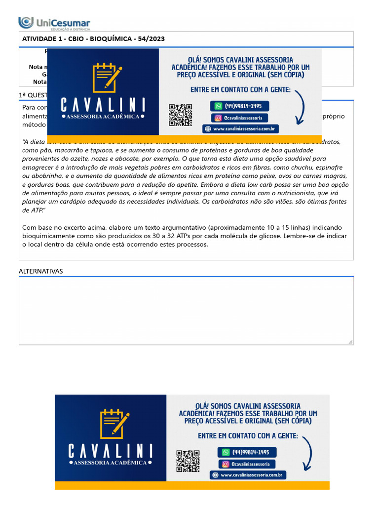 Atividade 1 - Cbio - Bioquímica - 54-2023 | PDF | Gastronomia, comida e vinho | Bem-estar