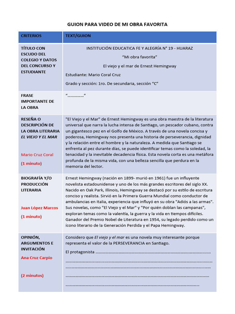 Guion para Video Mi Obra Favorita | PDF