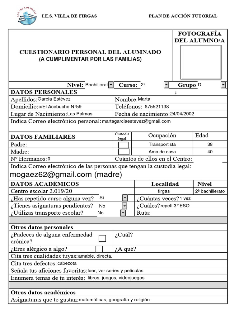 Cuestionario Personal Tutorias | PDF