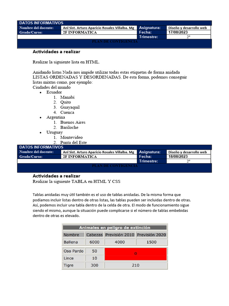 Listas y Tablas Anidadas en HTML | PDF | Arte