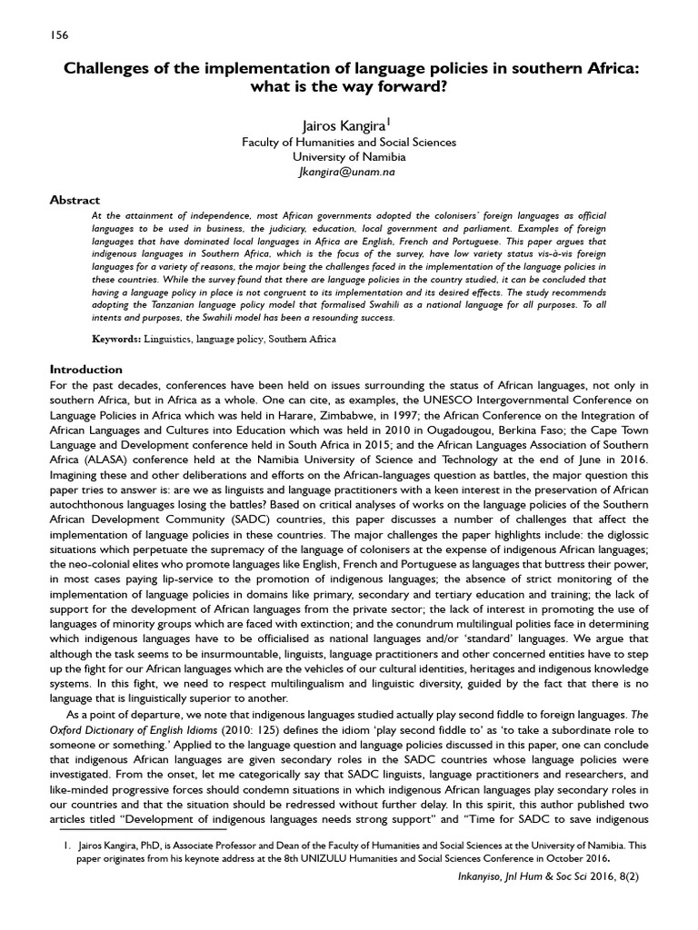 Challenges of the implementation of language policies in southern Africa | PDF | Swahili ...