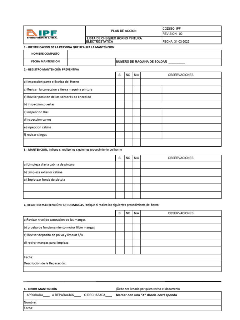 Registro Lista de Chequeo Horno Pintura | PDF