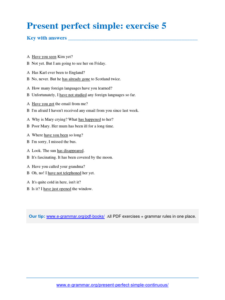 Present Perfect Simple Exercise 5 Key | PDF