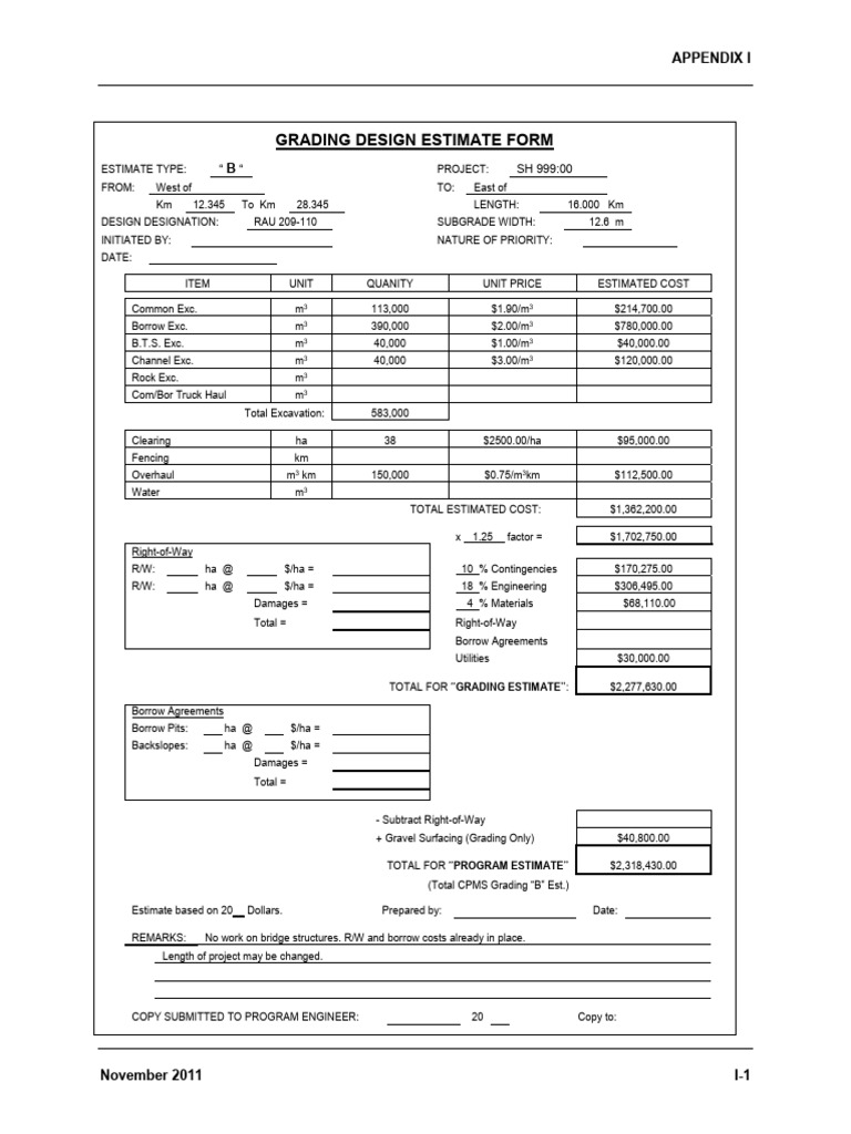 B Estimate - Grading Design Estimate Form | PDF | Road Surface | Civil Engineering