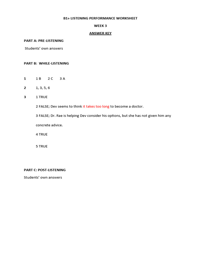 b1+ Listening-Week 3-Answer Key | PDF