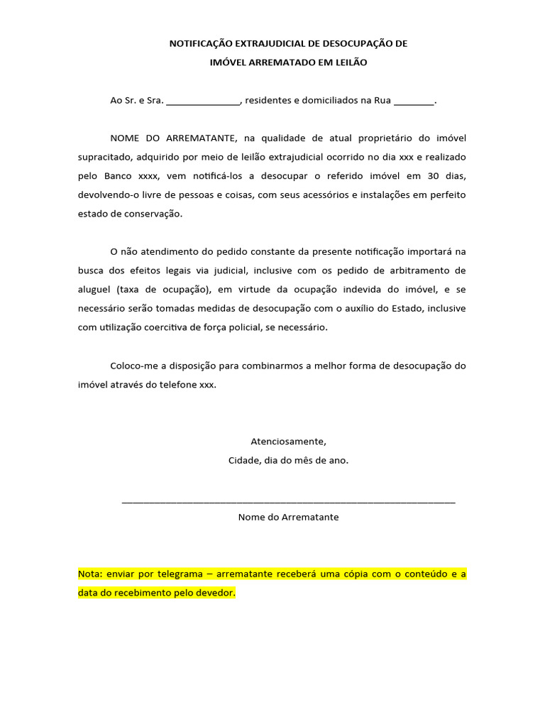 Modelo de Notificação para Desocupação | PDF Modelo de Notificação para Desocupação | PDF