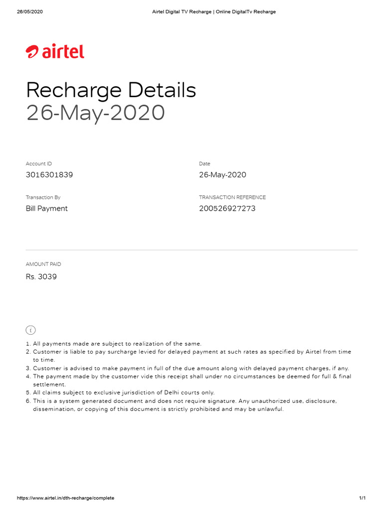 RDP Airtel DTH Recharge Receipt | PDF