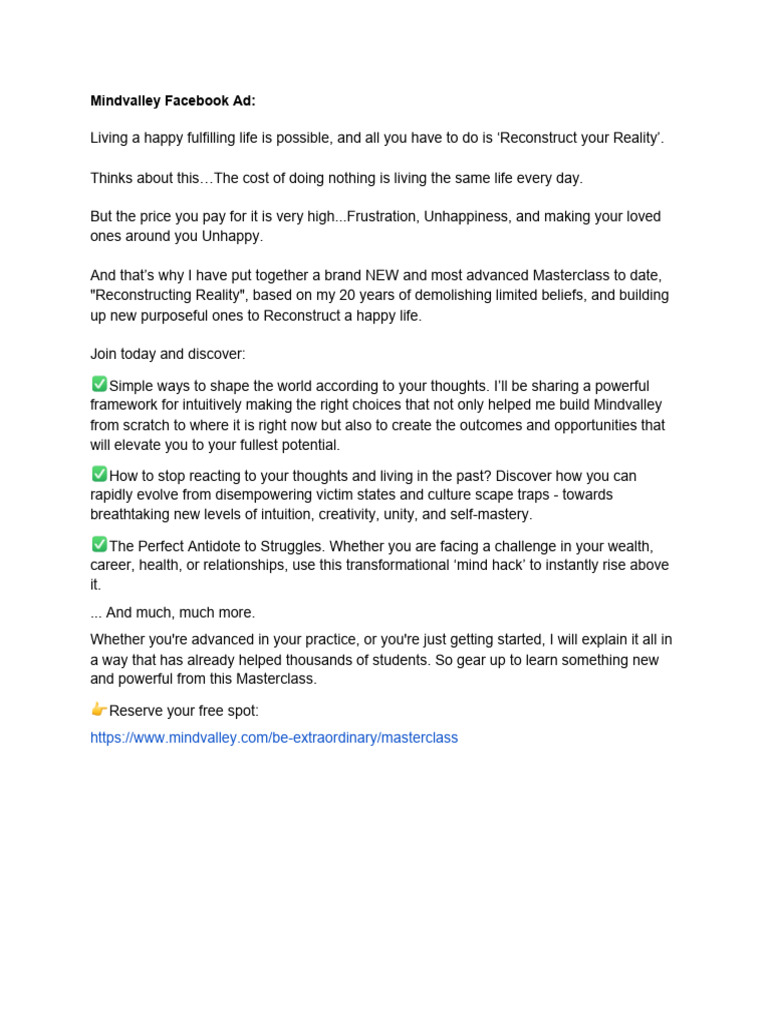 Mindvalley Facebook Ad | PDF