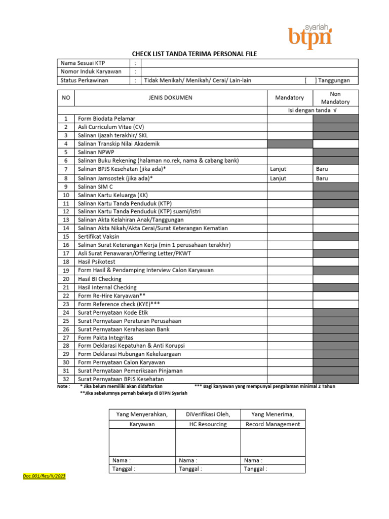 Checklist Personal File MMS Trial Softfile PF | PDF