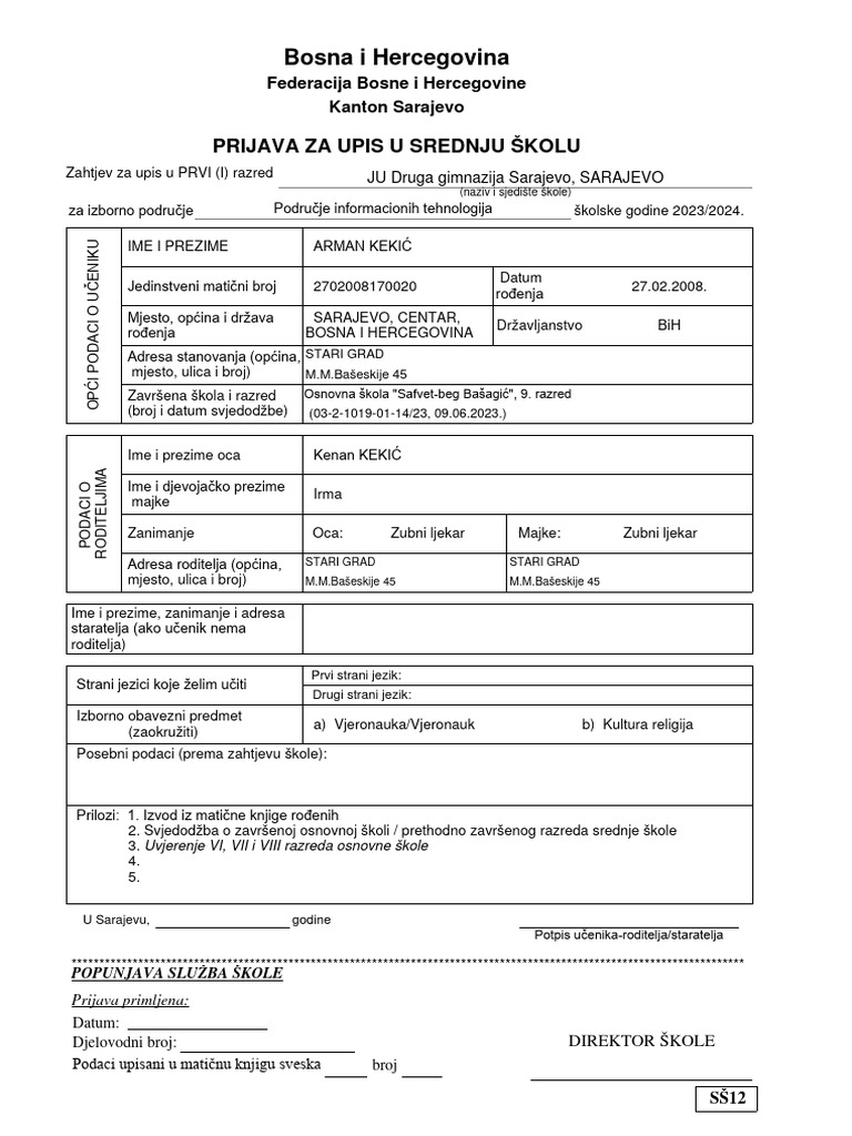 Prijava Za Upis Podrucje-Informacionih-Tehnologija | PDF