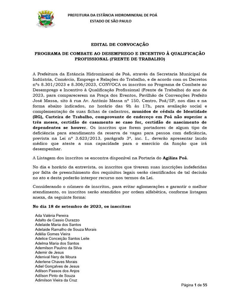 EDITAL DE CONVOCACAO 2023 Atualizado Frente de Trabalho | PDF EDITAL DE CONVOCACAO 2023 Atualizado Frente de Trabalho | PDF