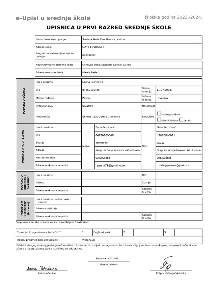 Upisnica Leona | PDF