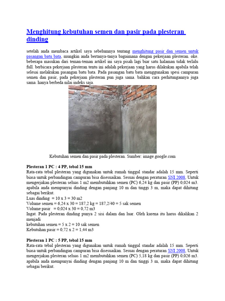 Menghitung Kebutuhan Semen Dan Pasir Pada Plesteran Dinding | PDF